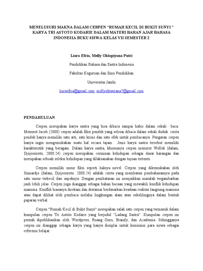 Liora Efria Dan Melly Oktapiyana Putri - Menelusuri Makna Dalam Cerpen "Rumah Kecil Di Bukit ...