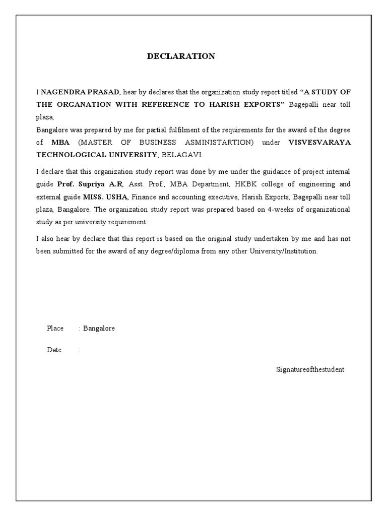 Declaration: The Organation With Reference To Harish Exports" Bagepalli ...