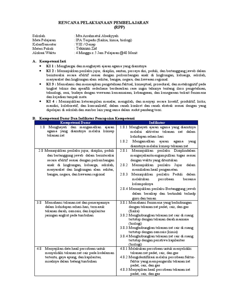 RPP Ipa Terpadu - Tekanan Zat | PDF