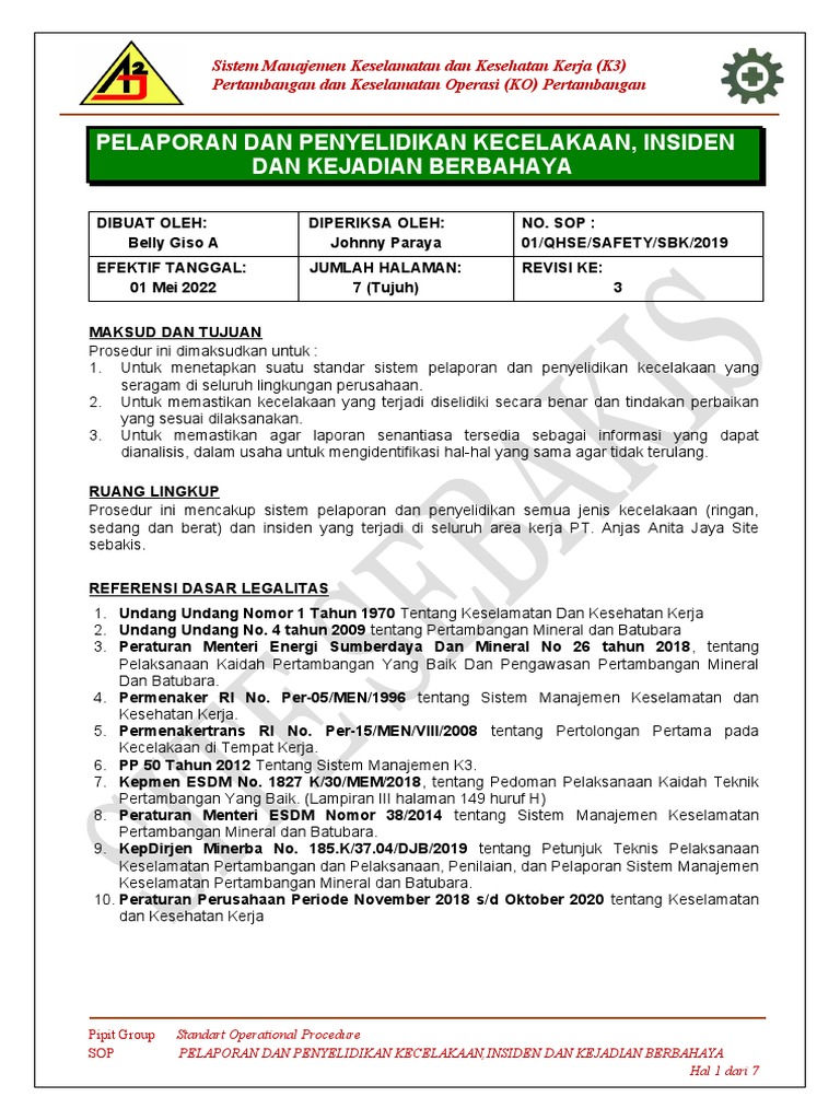 SOP Pelaporan Dan Penyelidikan Kecelakaan, Insiden Dan Kejadian Berbahaya. | PDF