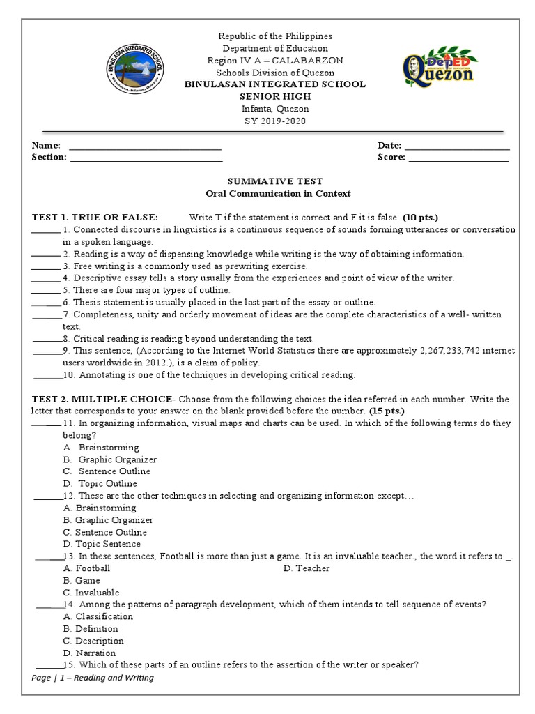 Summative Test: Oral Communication | PDF | Essays | Cognition