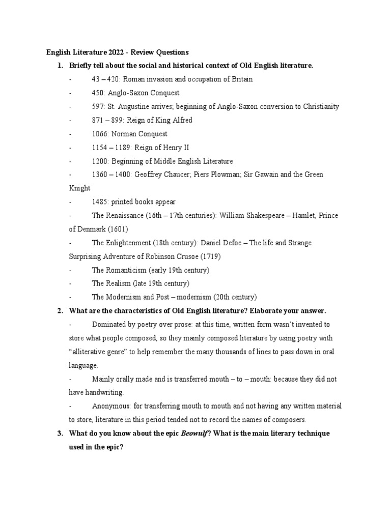 English Literature 2022 Review Questions | PDF | Oliver Twist | Beowulf