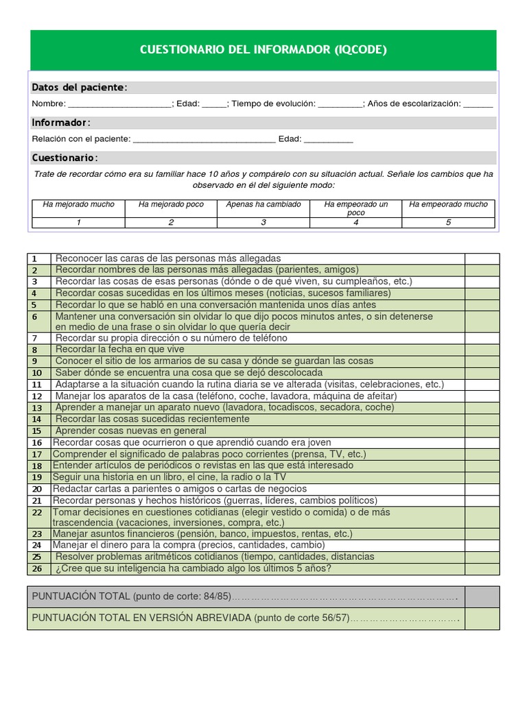 IQCODE Cuestionario Del Informador | PDF