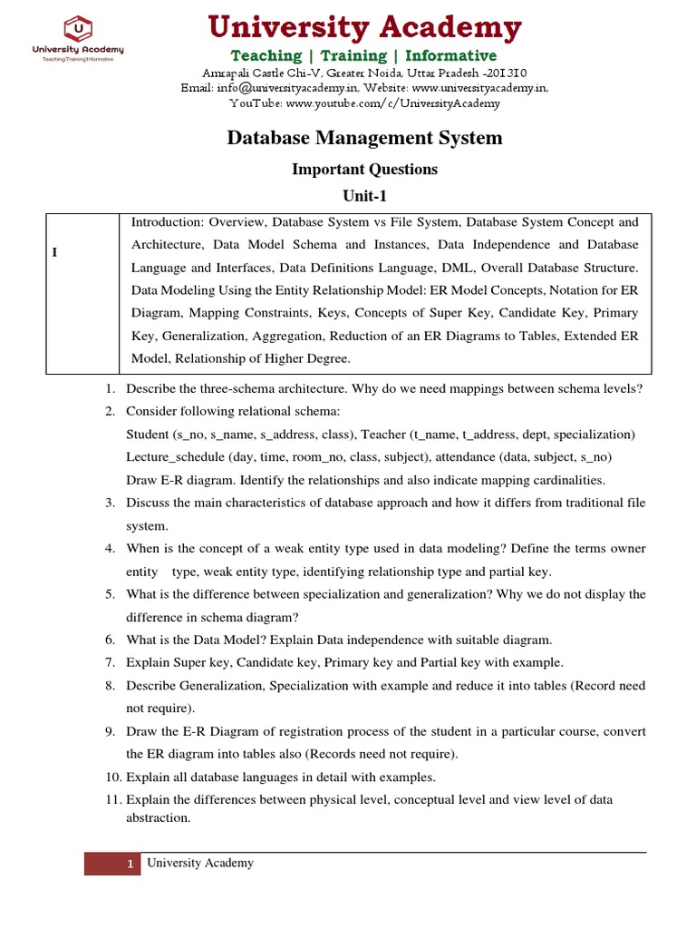 Database Management System: Important Questions Unit-1 | PDF | Relational Database | Data Model
