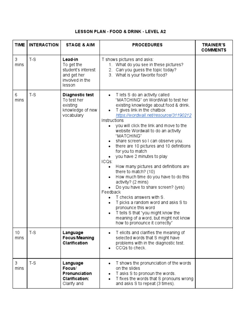 Lesson Plan - Food & Drink - Level A2 Time Interaction Stage & Aim ...