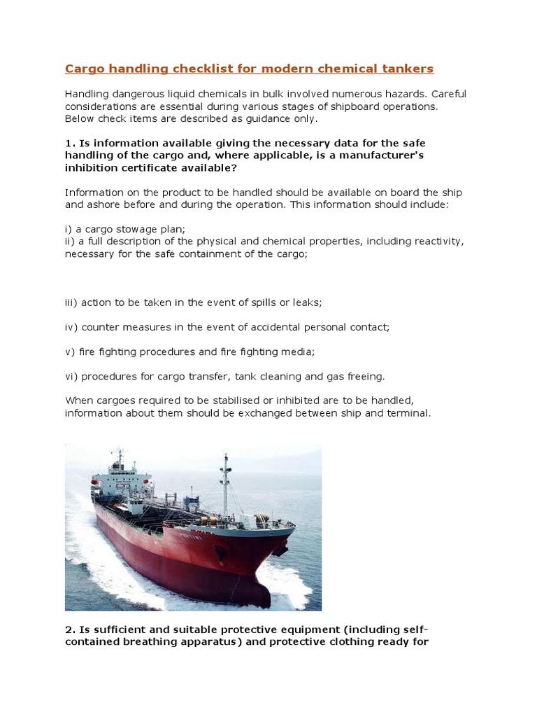 Chemical Tanker Cargo Handling Checklist | PDF | Firefighting ...