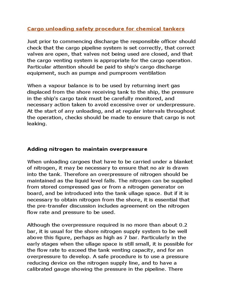 Cargo Unloading Safety Procedure For Chemical Tankers | PDF