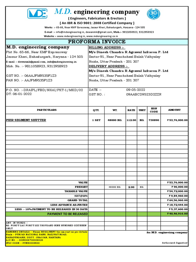 Proforma Invoice-PIER SEGMENT & PIER SEGMENT BULKHEAD - MDEC-JASAUR ...