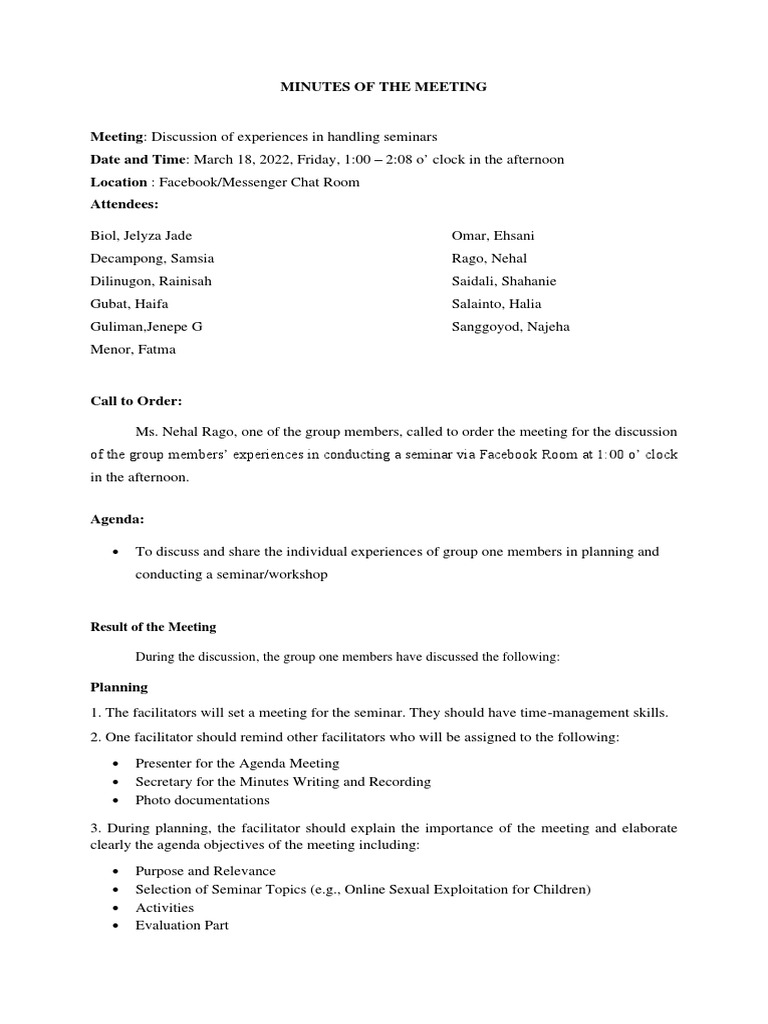 Task 1 - Minutes of The Meeting (Group 1) | PDF | Experience | Facilitator