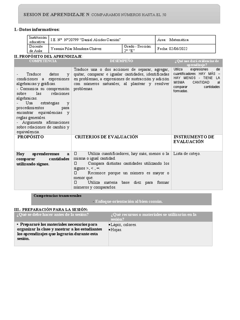 SESION Matematica Comparamos Numeros Hasta 50 | PDF | Evaluación | Aprendizaje