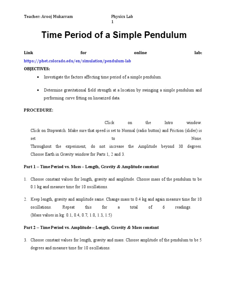 Pendulum Lab For Phet | PDF | Pendulum | Mass