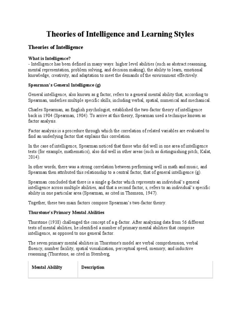 Theories of Intelligence and Learning Styles | PDF | Intelligence ...