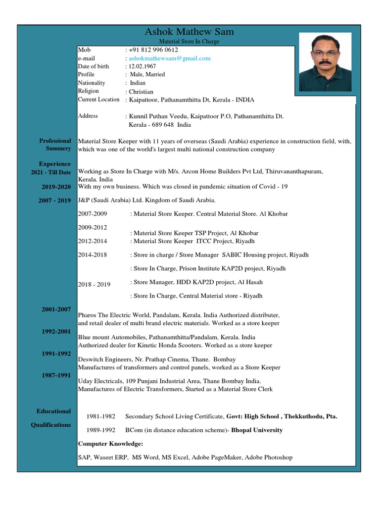 Ashok Mathew Sam: Material Store in Charge | PDF