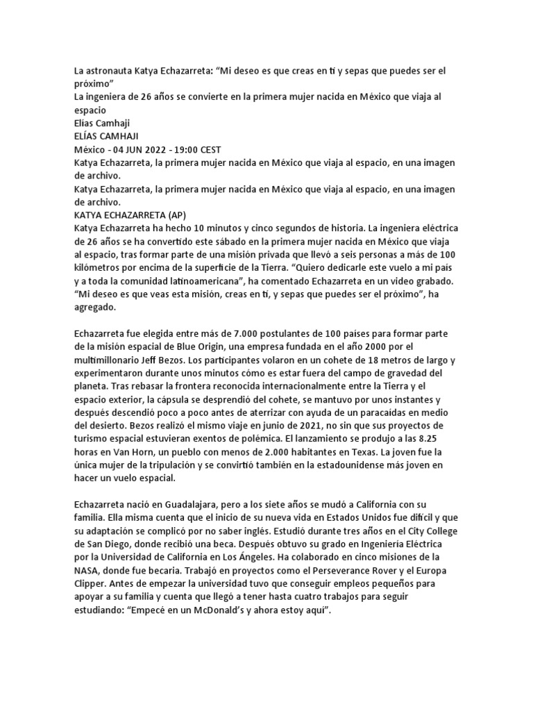 La Astronauta Katya Echazarreta | PDF | Vuelo espacial | Espacio exterior