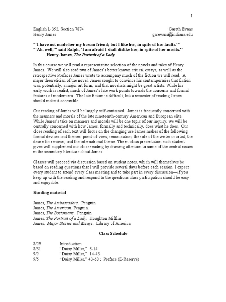 Henry James Syllabus - Gareth Evans | PDF | The Bostonians | Henry James