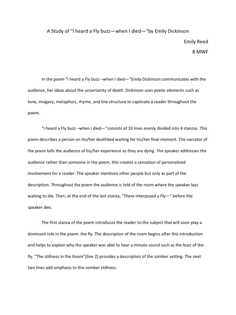 Emily Dickinson: Analysis of "I Heard A Fly Buzz - When I Died" | PDF ...