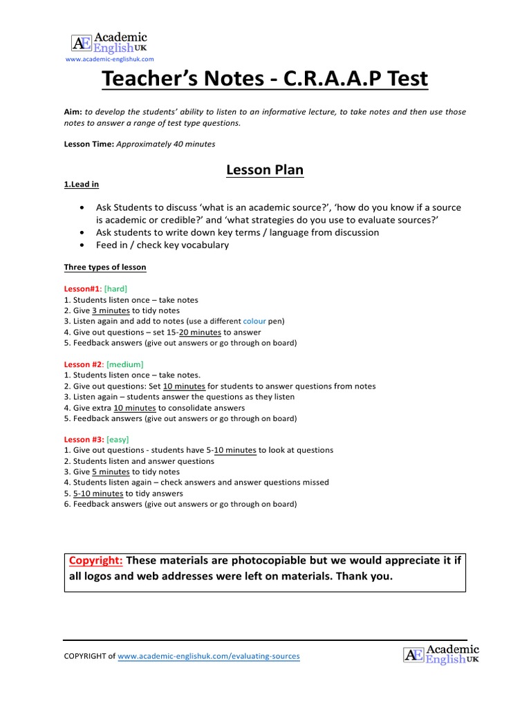 Teacher's Notes - C.R.A.A.P Test: Lesson Plan | PDF | Cognitive Science ...