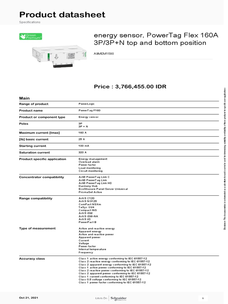 Product Datasheet: Energy Sensor, Powertag Flex 160A 3P/3P+N Top and ...