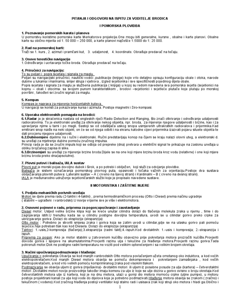 Pitanja I Odgovori Na Ispitu Za Voditelja Brodice A I B Kategorije | PDF