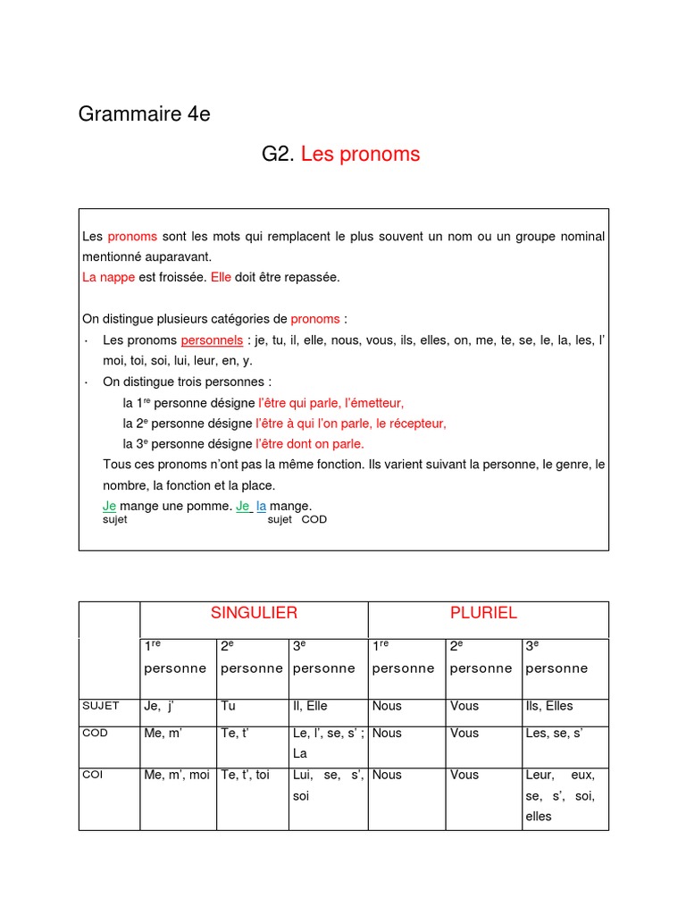 Les pronoms en français : Guide et exercices | PDF | Pronom | Biscuit