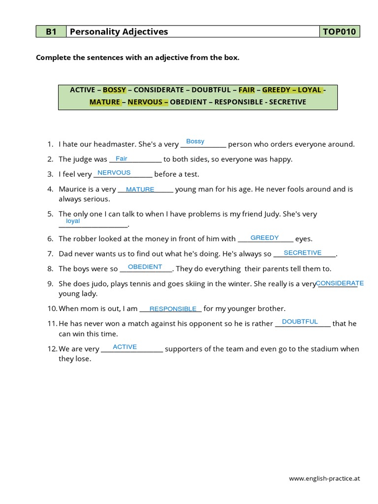 Personality Adjectives - PDF Vocabulary Worksheet - B1 - TOP010 | PDF