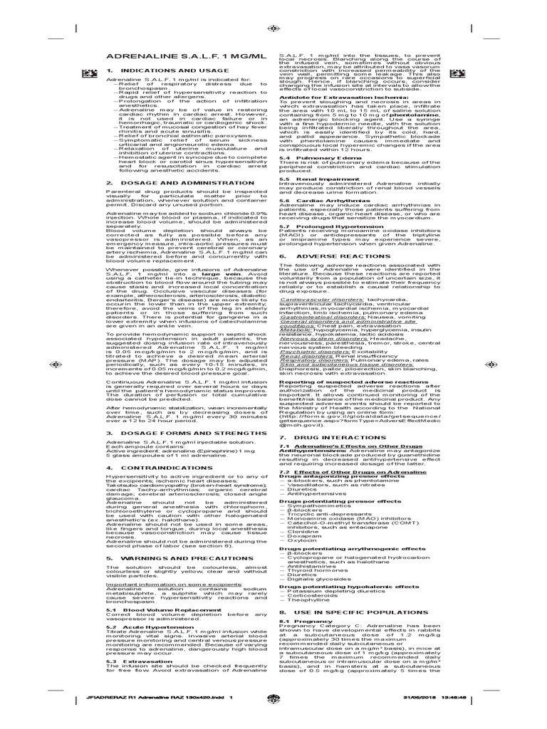 Epinephrine 1mg-ml (Adrenaline S.A.L.F. Solution For Injection I.V. S.C ...