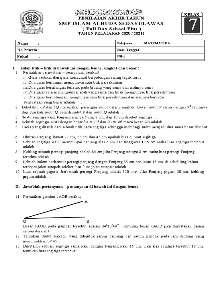 Soal Pat MTK Kelas 7 | PDF