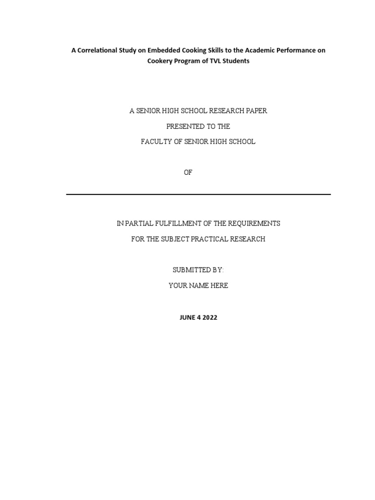 A Correlational Study On Embedded Cooking Skills To The Academic ...
