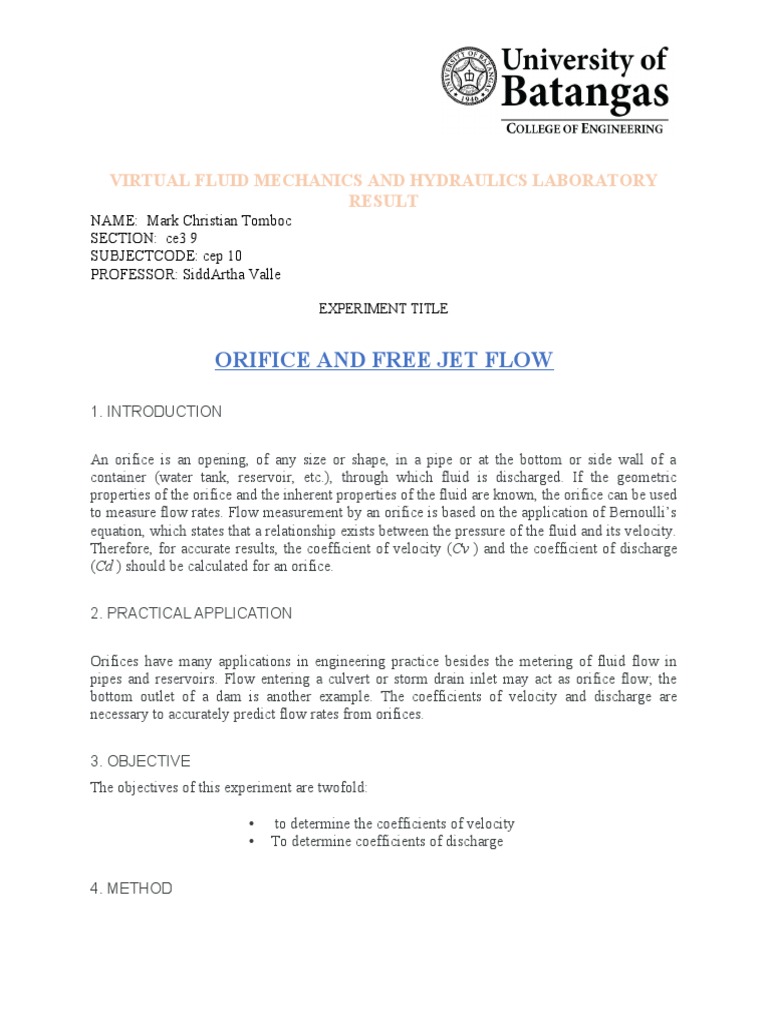Orifice and Free Jet Flow Result | PDF | Fluid Dynamics | Flow Measurement