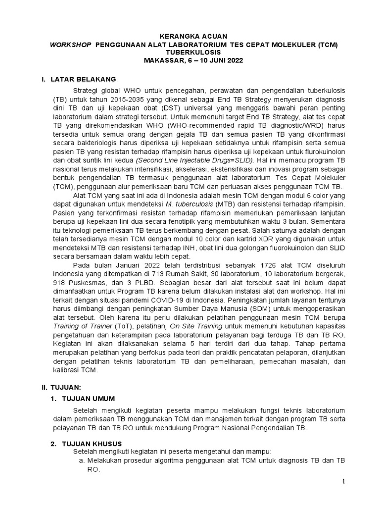 TOR Workshop Penggunaan Alat TCM TB MKS Juni 2022 | PDF