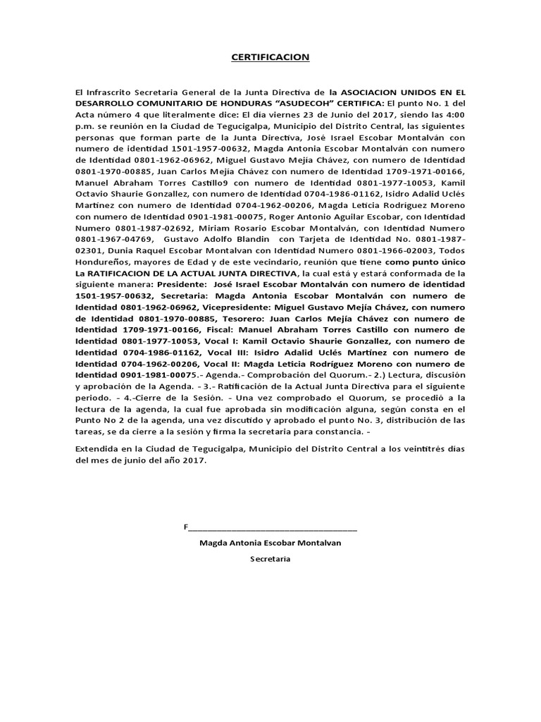 CERTIFICACION Ratificacion Junta Directiva | PDF | Gobierno