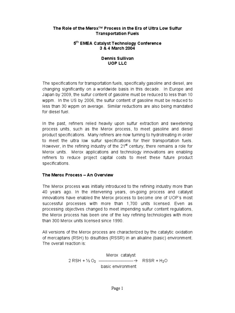 UOP Merox Process Low Sulfur Transport Fuels Tech Paper | PDF | Chemical Process Engineering ...