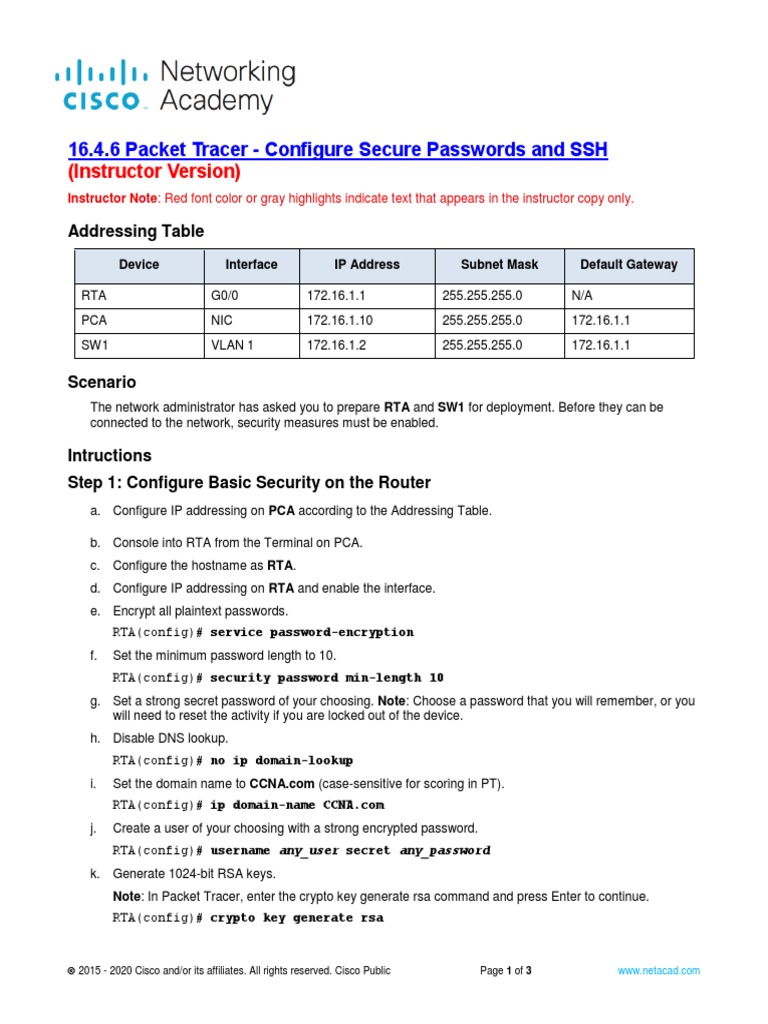 Configuring Secure Passwords, SSH Access, and User Authentication on a Router and Switch | PDF ...