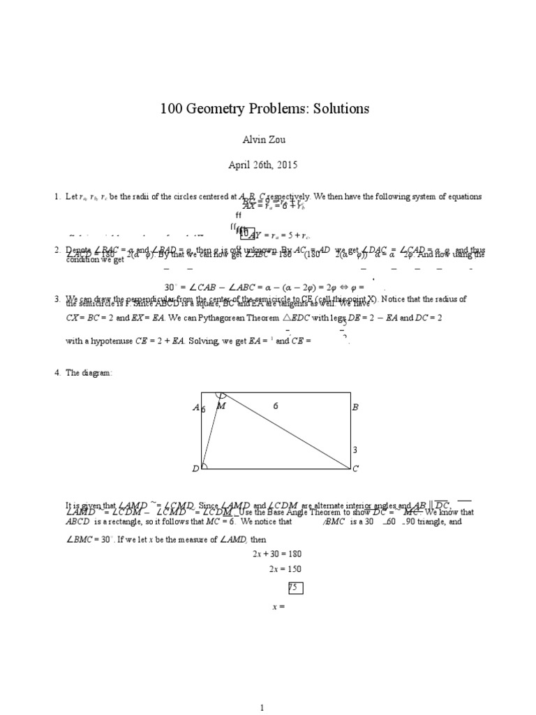 100 Geometry Problems: Solutions: Alvin Zou April 26th, 2015 | PDF ...