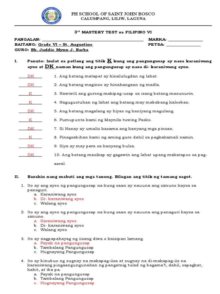 Filipino 3rd Mastery | PDF