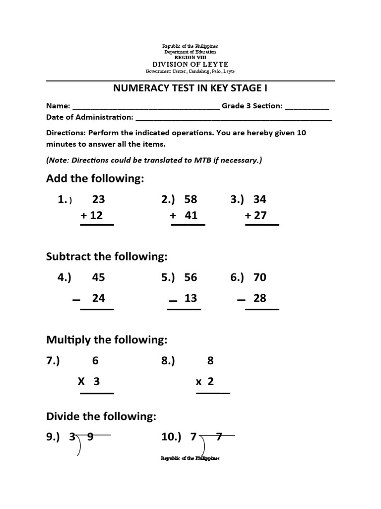 Numeracy Test in Key Stage 1 | PDF