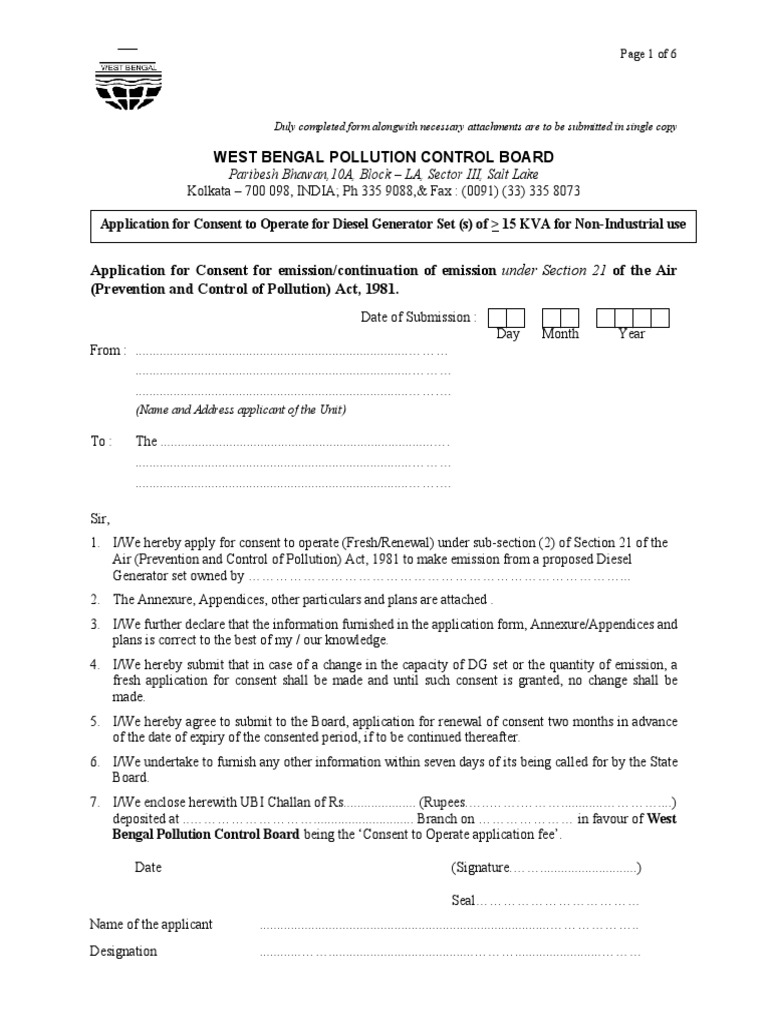 NOC - DG SET - WestBengal - CTO | PDF | Exhaust Gas | Engines
