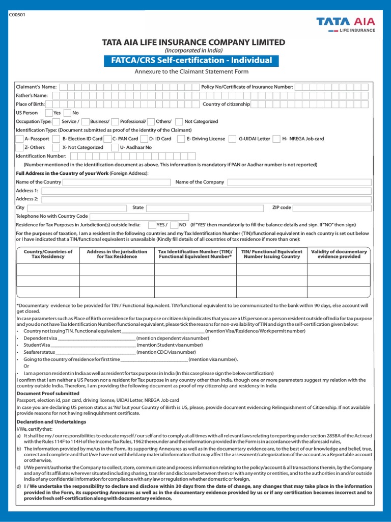 FATCA/CRS Self-Certification - Individual: Tata Aia Life Insurance ...