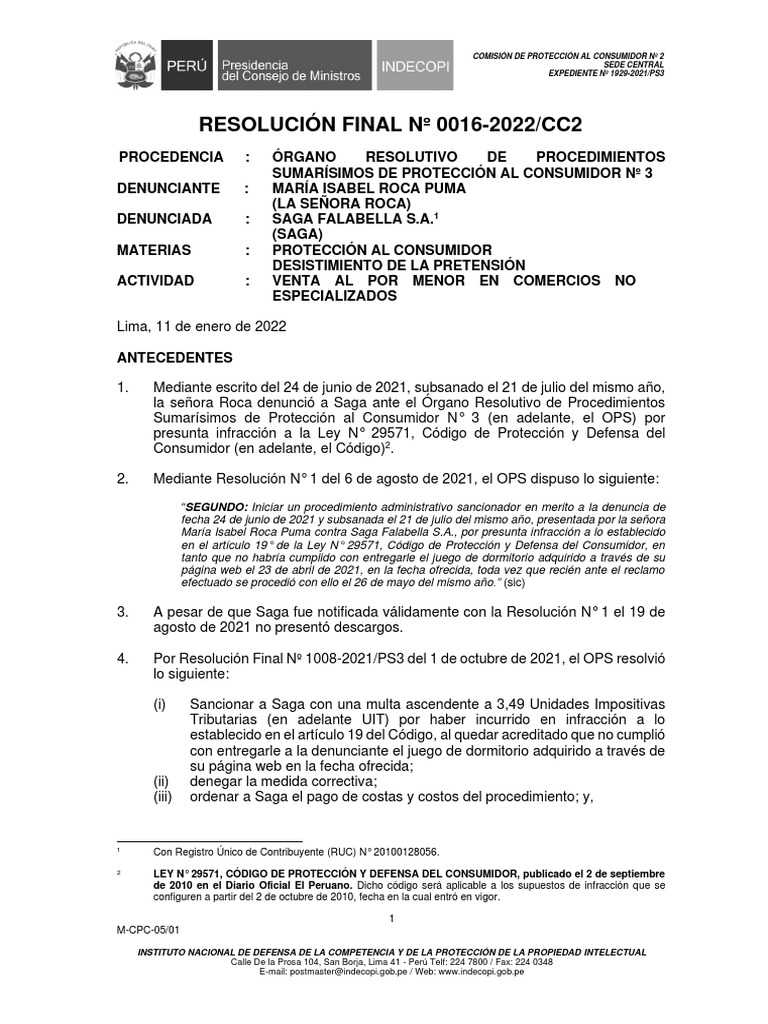 RESOLUCIÓN FINAL #0016-2022/CC2: Con Registro Único de Contribuyente (RUC) #20100128056 | PDF ...