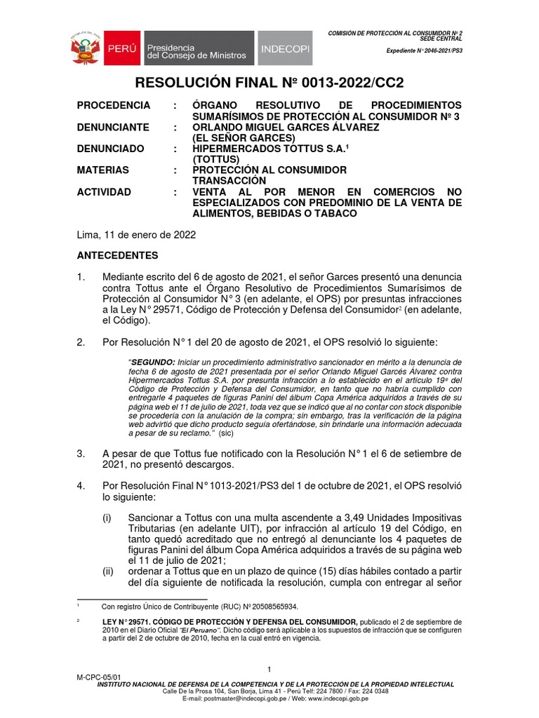 RESOLUCIÓN FINAL #0013-2022/CC2: Con Registro Único de Contribuyente (RUC) #20508565934 | PDF ...