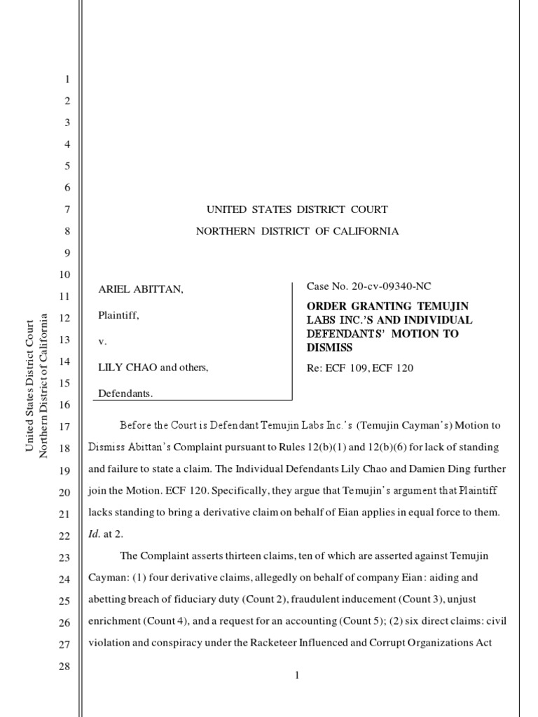 ORDER GRANTING TEMUJIN LABS INC.'S Vs Ariel Abittan's MOTION TO DISMISS ...