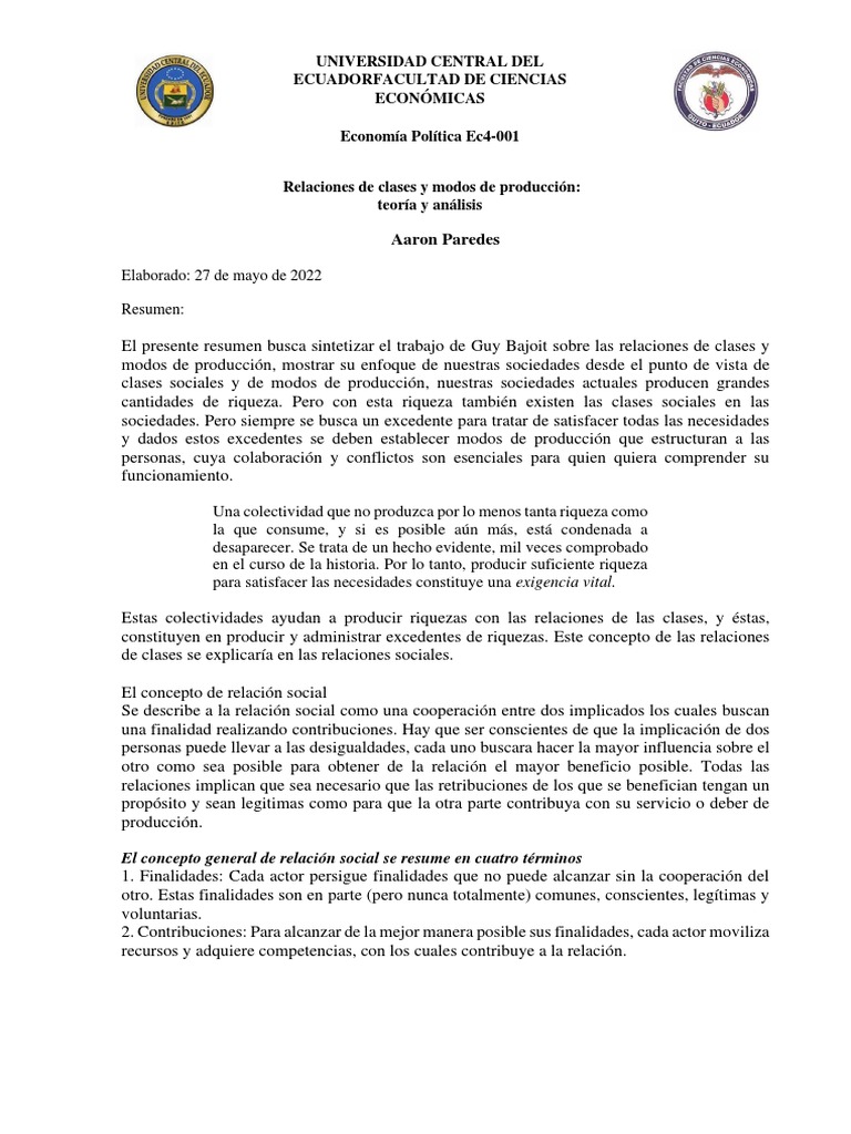 Aaron Paredes EP001 T5 Resumen Modos de Produccion | PDF | Capitalismo ...