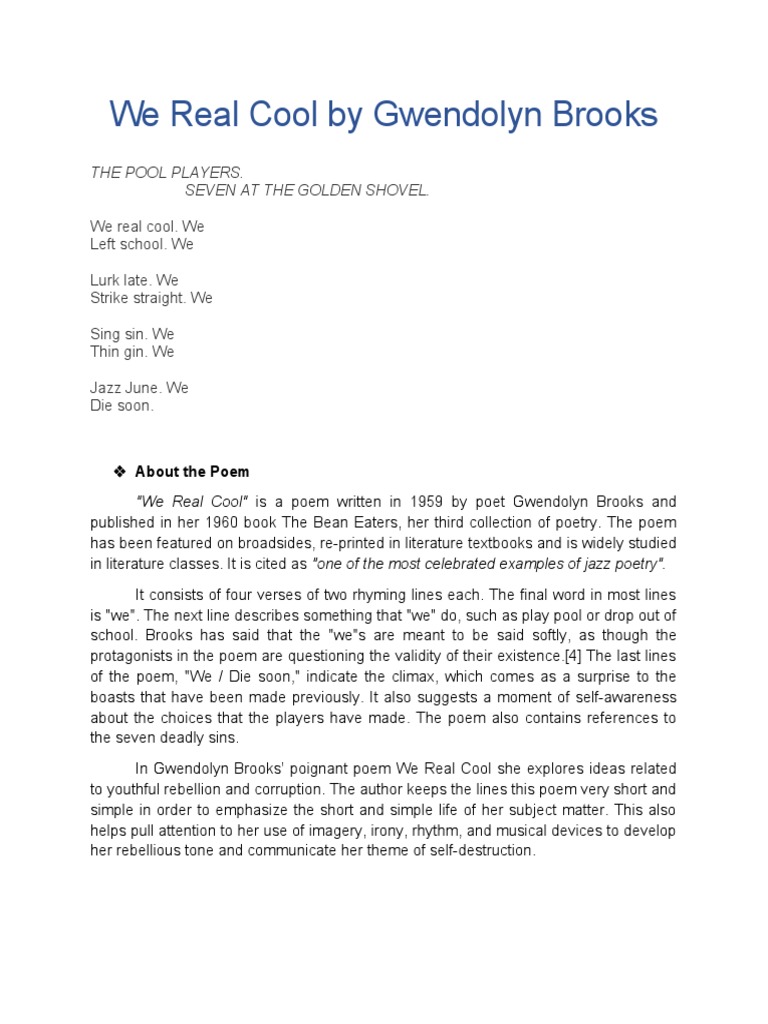 We Real Cool by Gwendolyn Brooks: The Pool Players. Seven at The Golden ...