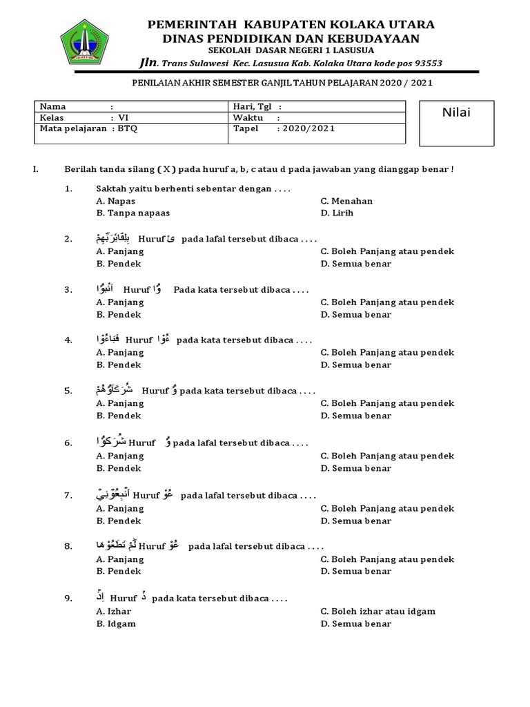 Soal BTQ Kelas 6 | PDF