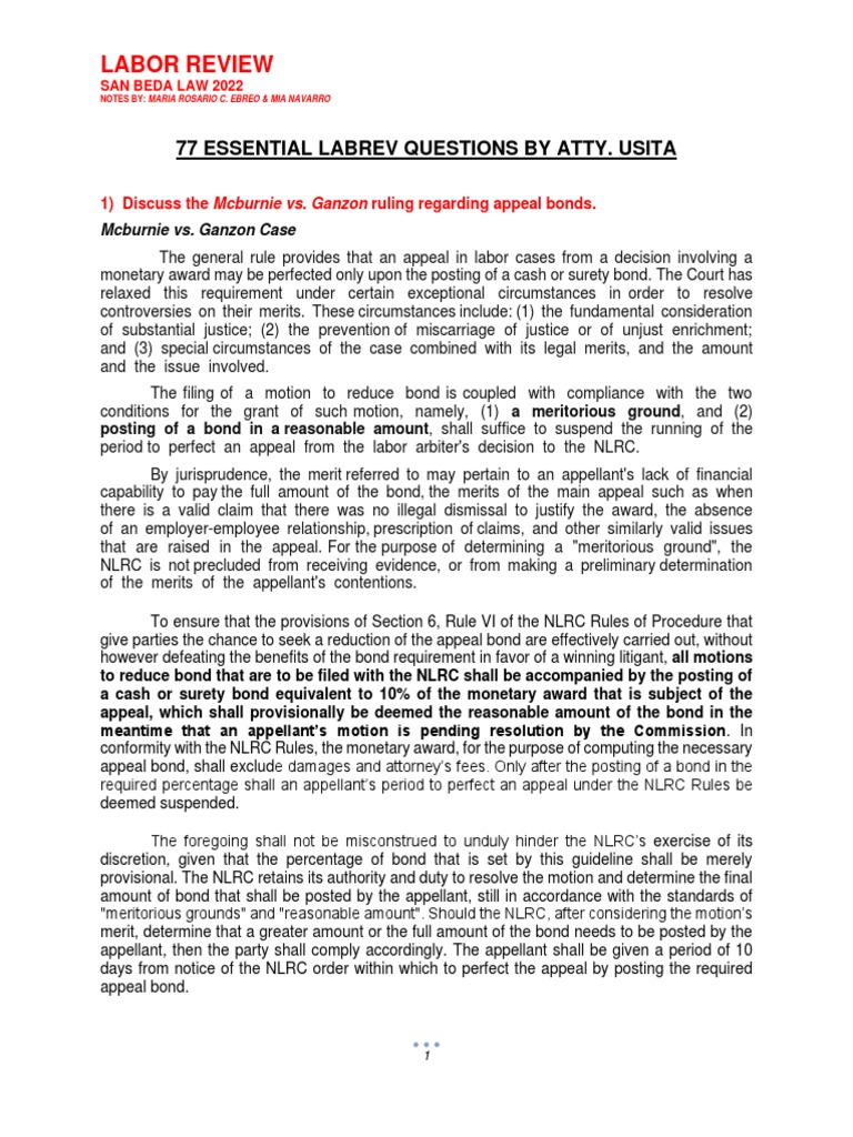 Labor Review: 77 Essential Labrev Questions by Atty. Usita | PDF | Employment | Salary