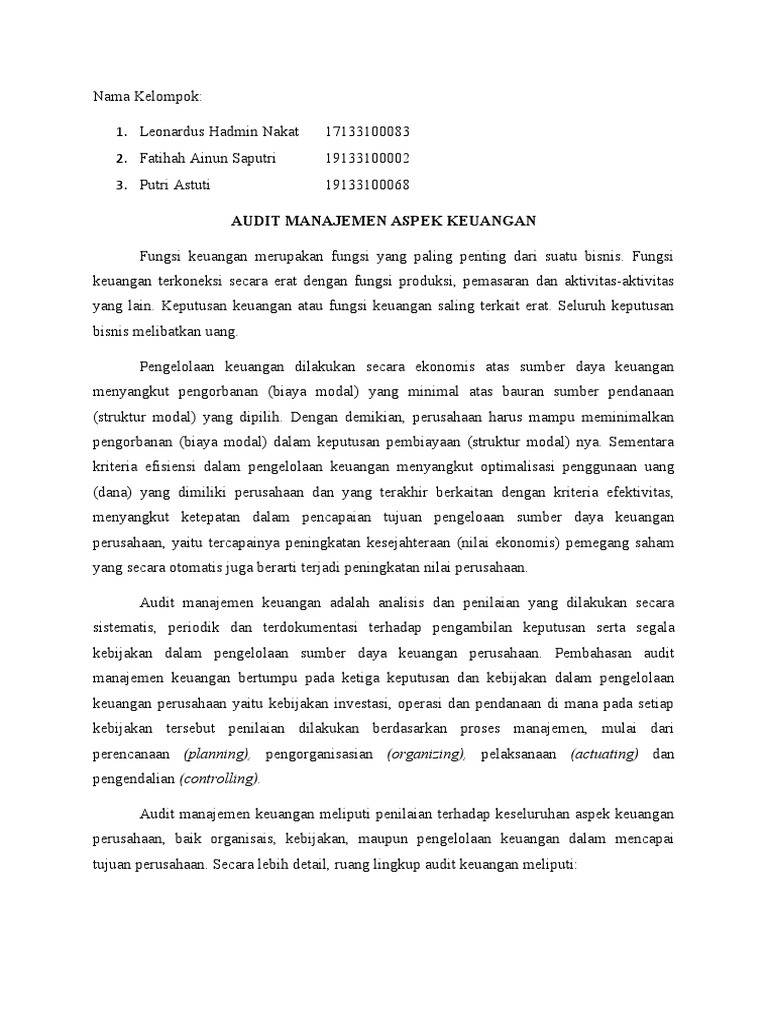 Audit Manajemen Aspek Keuangan - Putri | PDF | Pengelolaan Keuangan & Uang