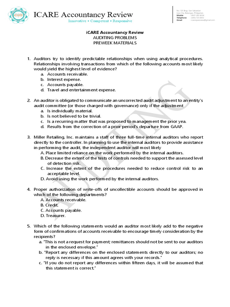 Auditing Problems Preweek Batch 4 | PDF | Inventory | Audit