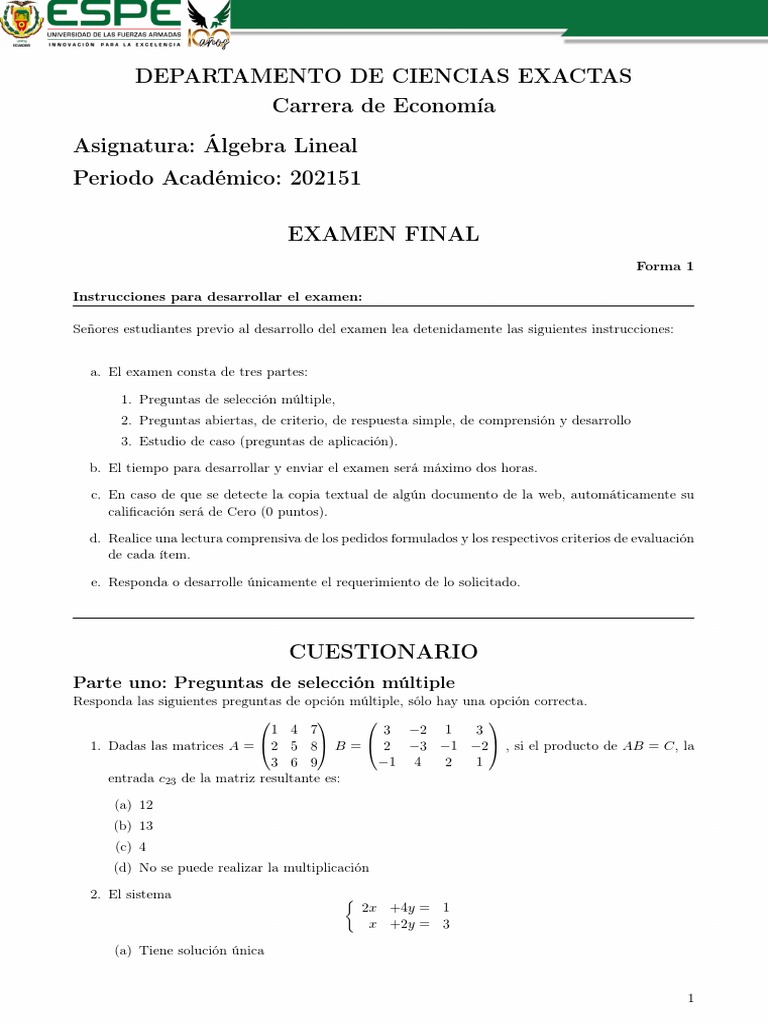 Examen Final Algebra Lineal Forma 1 | PDF | Valores propios y vectores propios | Matriz ...