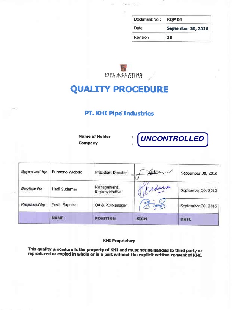 Quality Procedure Doc No KQP 04 Rev.19 Date 30 Sept 2016 UNCONTROLLED ...