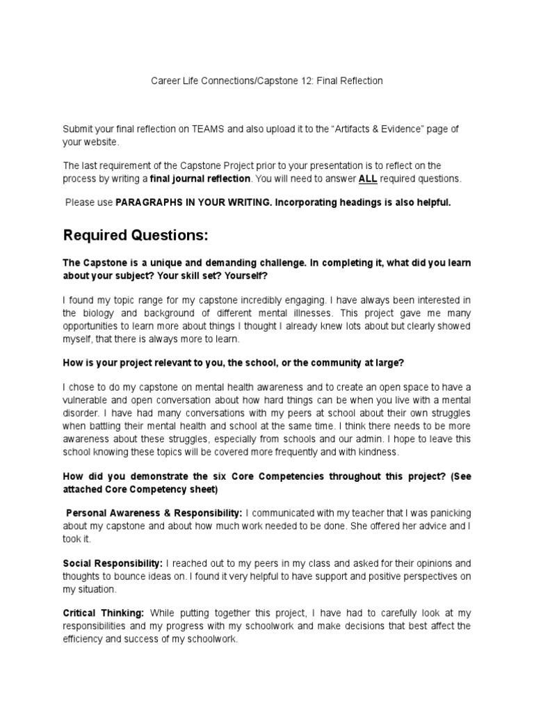 Career Life Connections Capstone 12 Final Reflection | PDF | Mental Disorder | Thought